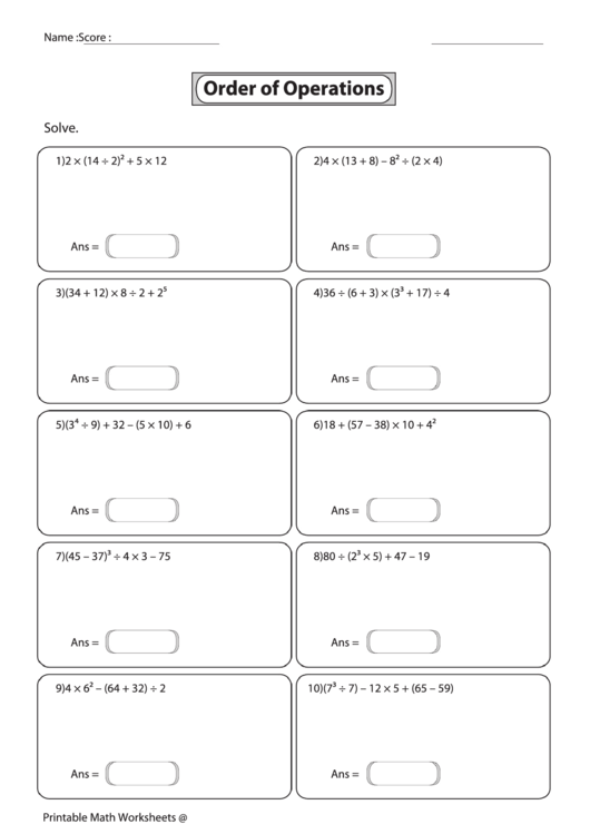 Order Of Operations Worksheet printable pdf download