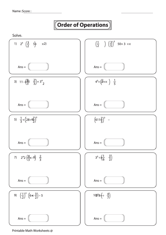 Order Of Operations Worksheet printable pdf download