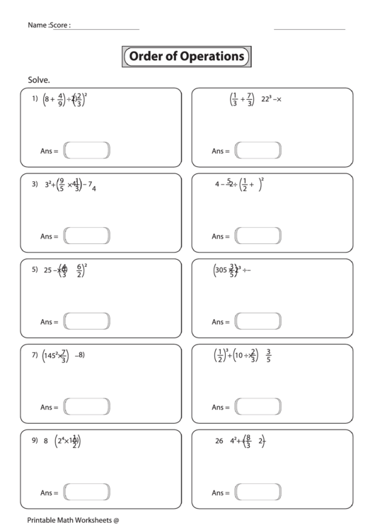 Order Of Operations Worksheet printable pdf download