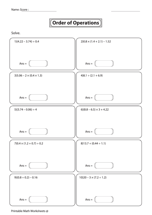 Order Of Operations Worksheet printable pdf download