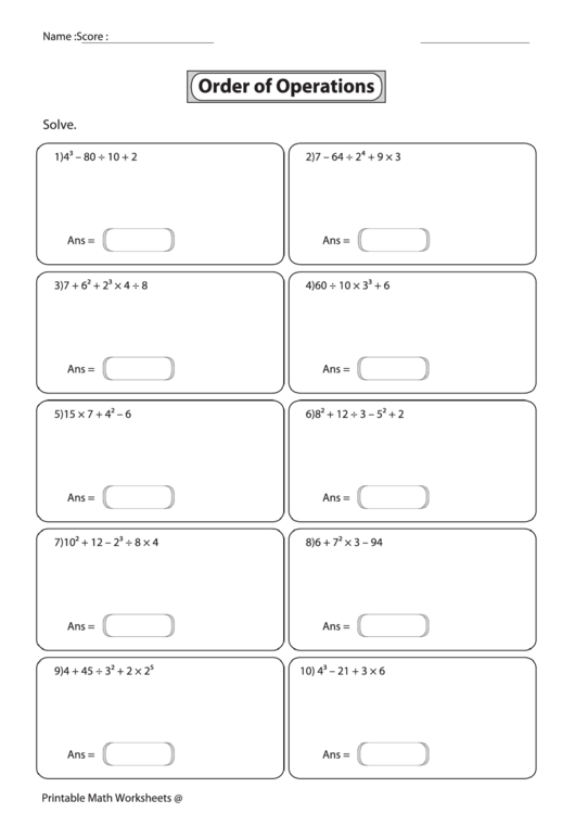 Order Of Operations Worksheet printable pdf download