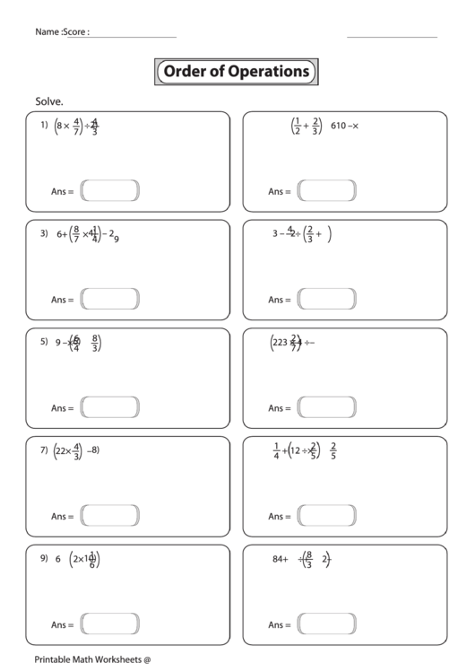 Order Of Operations Worksheet printable pdf download