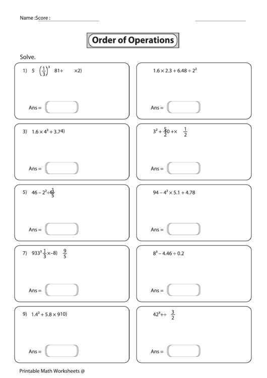 Order Of Operations Worksheet printable pdf download