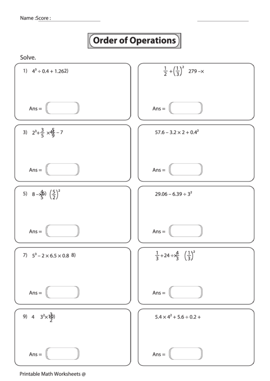 Order Of Operations Worksheet printable pdf download