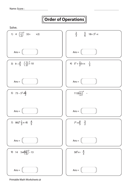Order Of Operations Worksheet printable pdf download