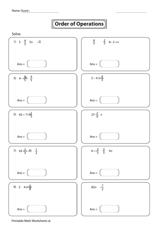 Order Of Operations Worksheet printable pdf download