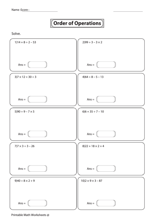 Order Of Operations Worksheet printable pdf download