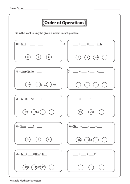 Order Of Operations Worksheet printable pdf download