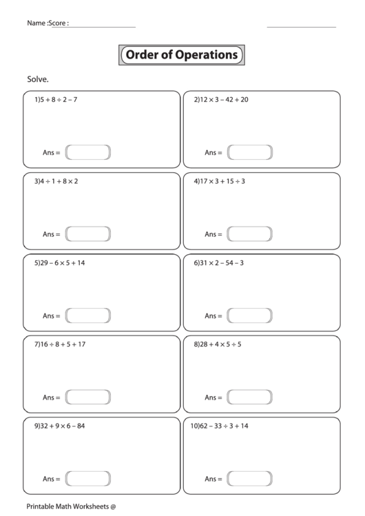 Order Of Operations Worksheet printable pdf download