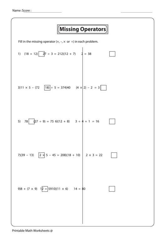 Missing Operators Worksheet printable pdf download