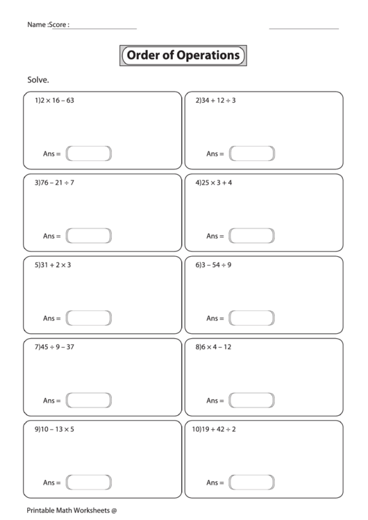 Order Of Operations Worksheet printable pdf download