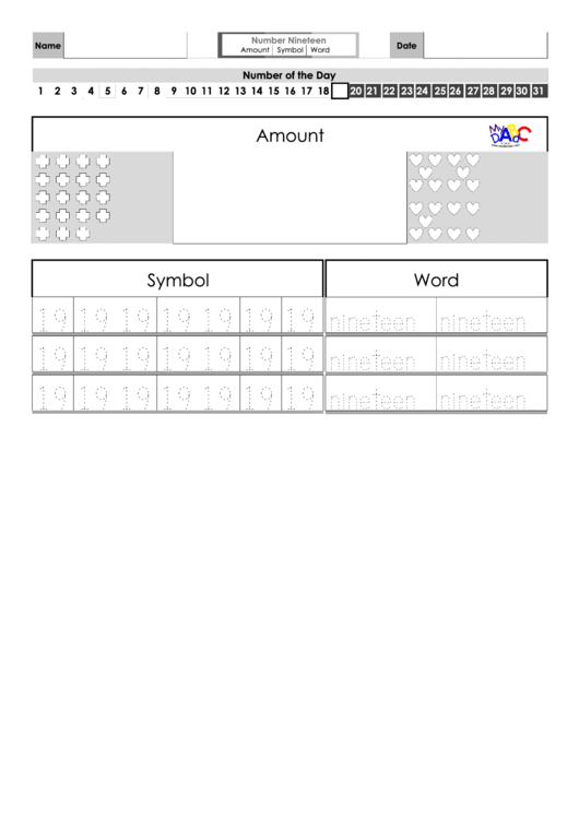 Number 19 Writing Practice Sheets printable pdf download