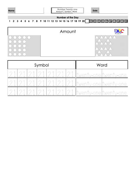 Number 21 Writing Practice Sheets printable pdf download