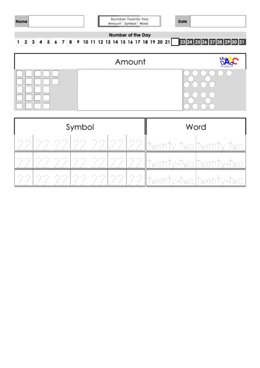 Number 22 Writing Practice Sheets printable pdf download