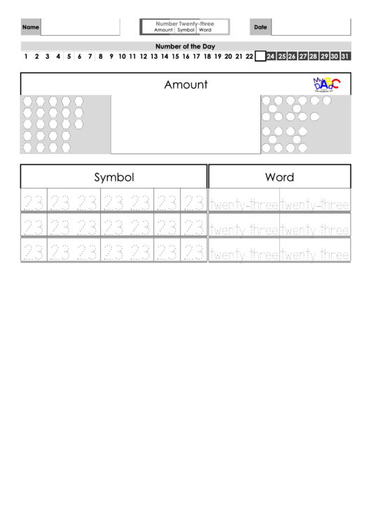 Number 23 Writing Practice Sheets printable pdf download