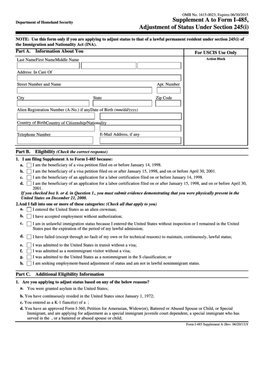 Fillable Supplement A To Form I 485 Adjustment Of Status Under Section