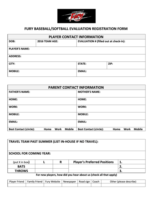 Fury Baseball softball Evaluation Registration Form Printable Pdf Download