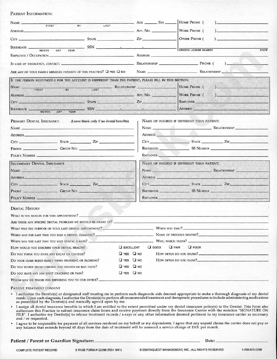 Patient Information Form printable pdf download