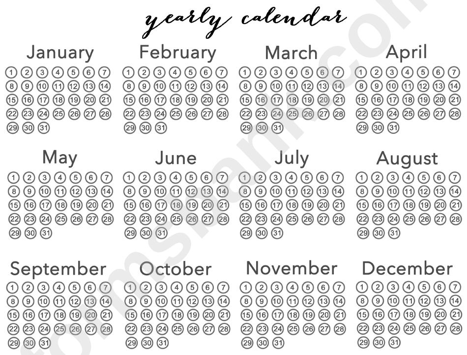 Pdf Template Free Printable Printable Printable Yearly Calendar Free 