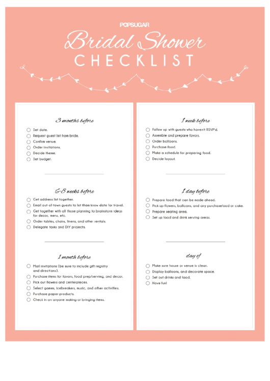 Bridal Shower Checklist Printable Pdf Download