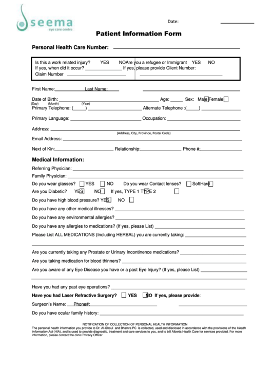 Patient Information Form - Seema Eye Care Centre printable pdf download