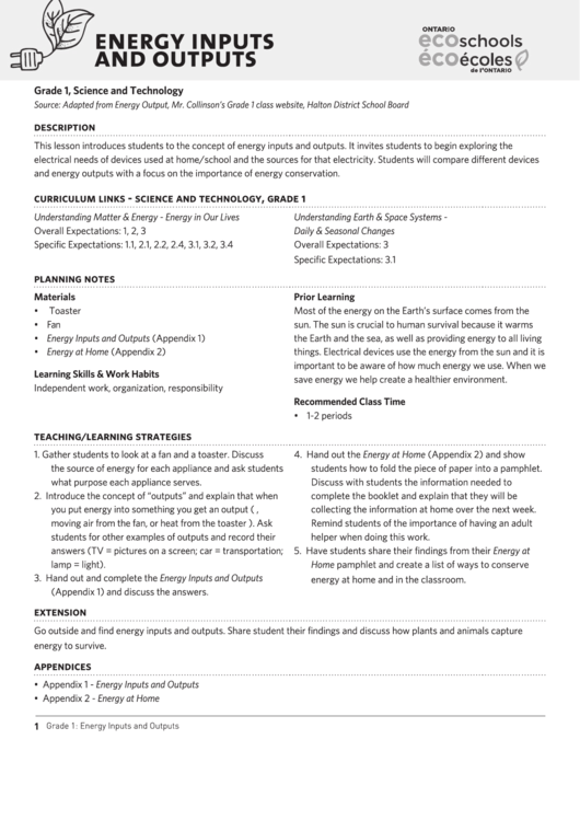 Energy Inputs And Outputs - Ontario Ecoschools printable pdf download