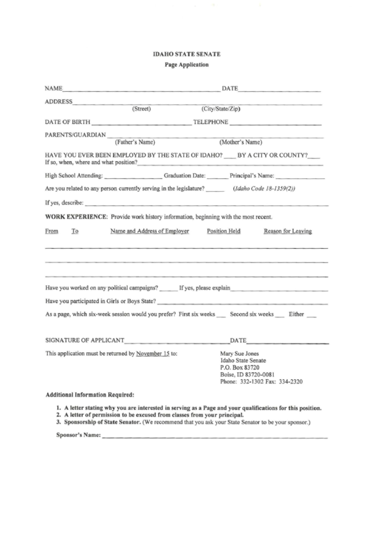 Senate Page Program - Idaho Legislature - State Of Idaho printable pdf ...