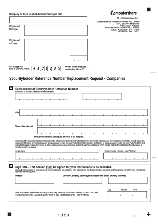 Fillable Securityholder Reference Number Replacement Request printable ...