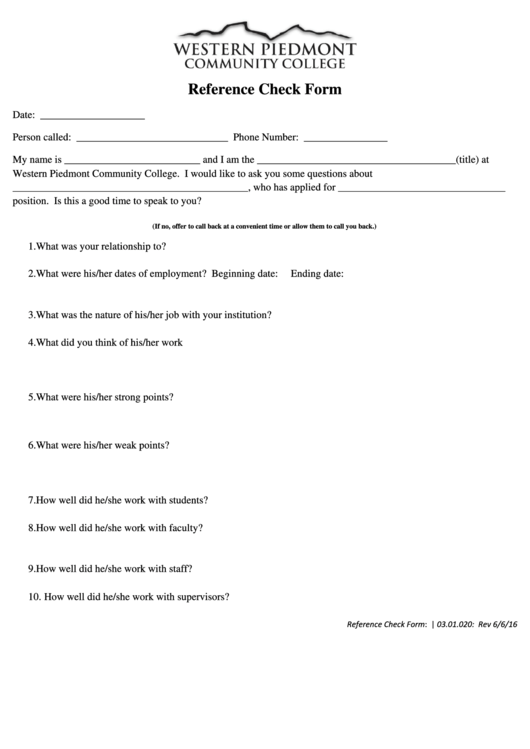 Fillable Reference Check Form - Western Piedmont Community College ...