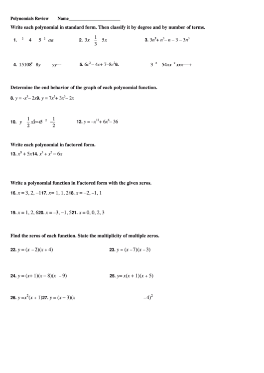 Polynomials Unit Review printable pdf download