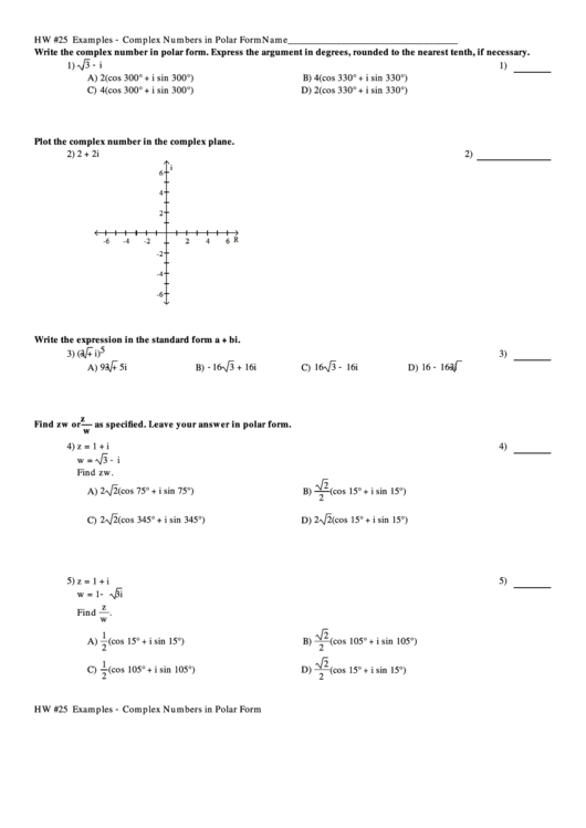 Hw #25 Examples - Complex Numbers In Polar Form - Mr. Cobb printable ...