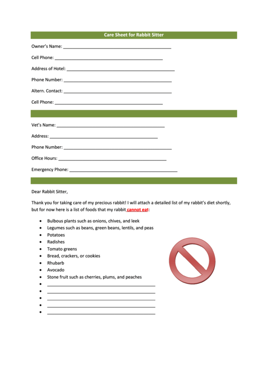 Care Sheet For Rabbit Sitter - Bunny Approved printable pdf download