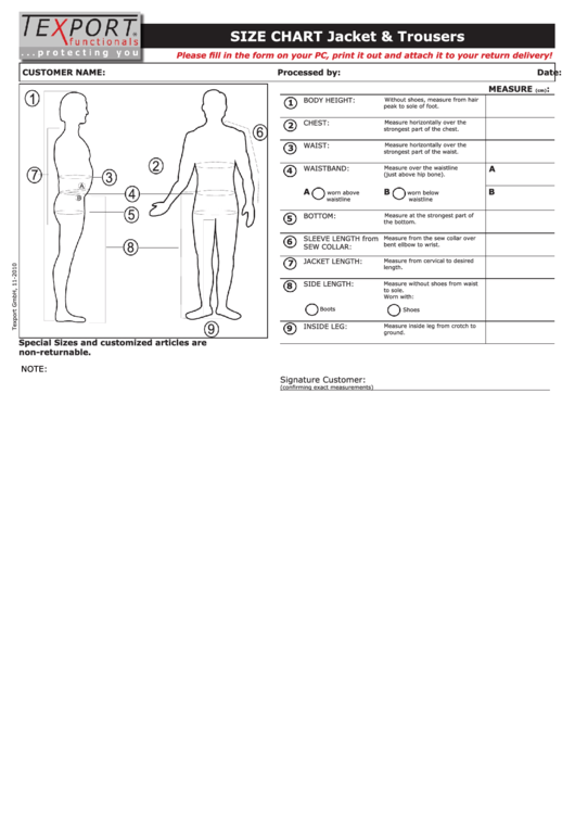 Fillable Texport Jacket & Trousers Size Chart printable pdf download