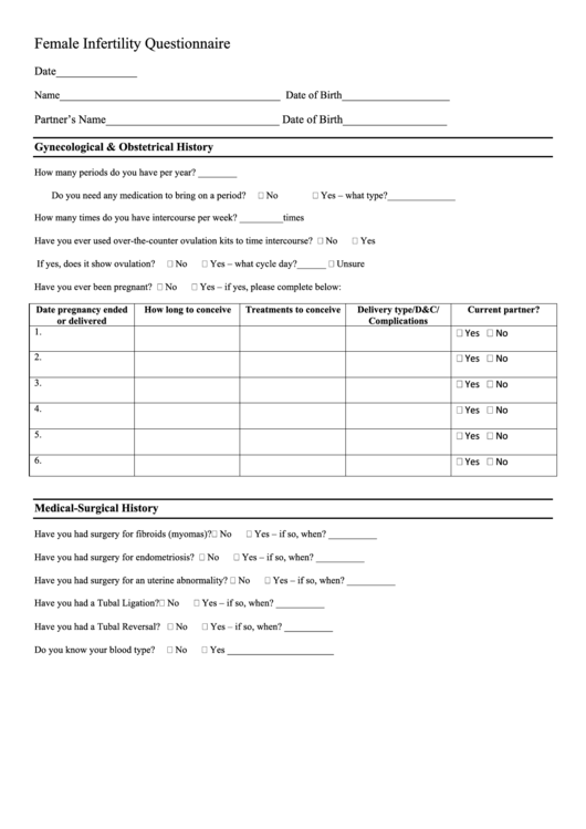 Female Infertility Questionnaire printable pdf download