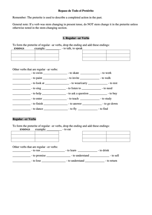 Repaso De Todo El Preterito Spanish Language Worksheets Verbs 