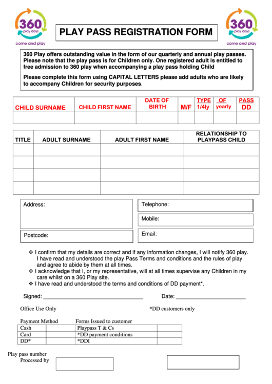 360 Play Pass Registration Form printable pdf download