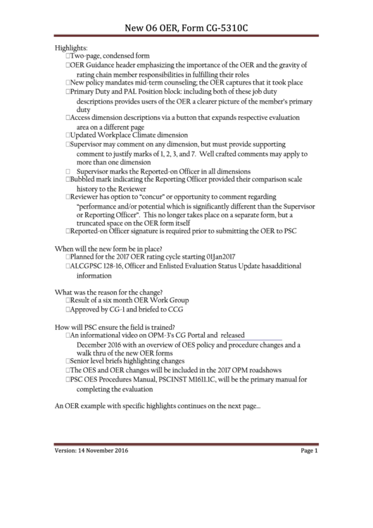 New O6 Oer, Form Cg-5310c - Uscg printable pdf download