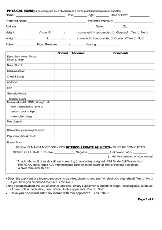 Physical Examination Form Printable Pdf Download