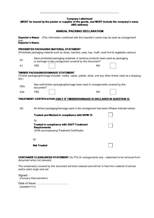 Annual Packing Declaration Form Printable Pdf Download
