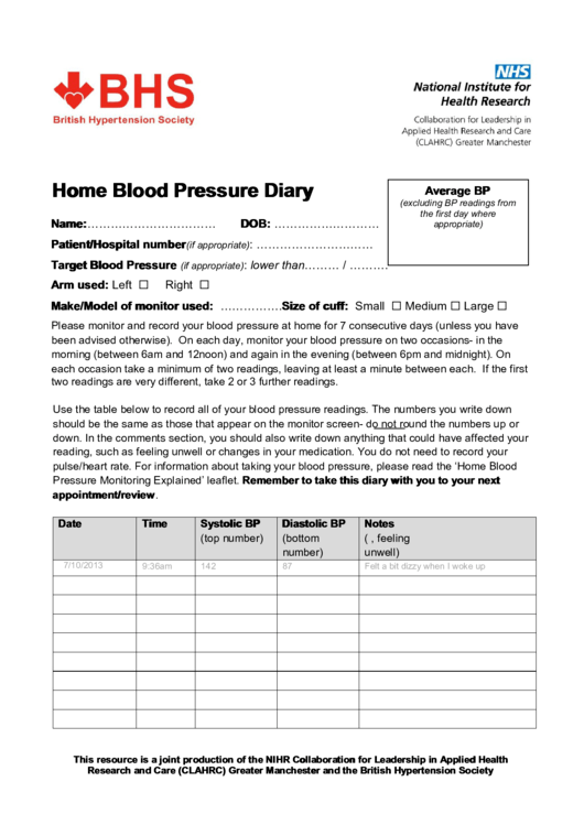 Home Blood Pressure Diary Printable Pdf Download