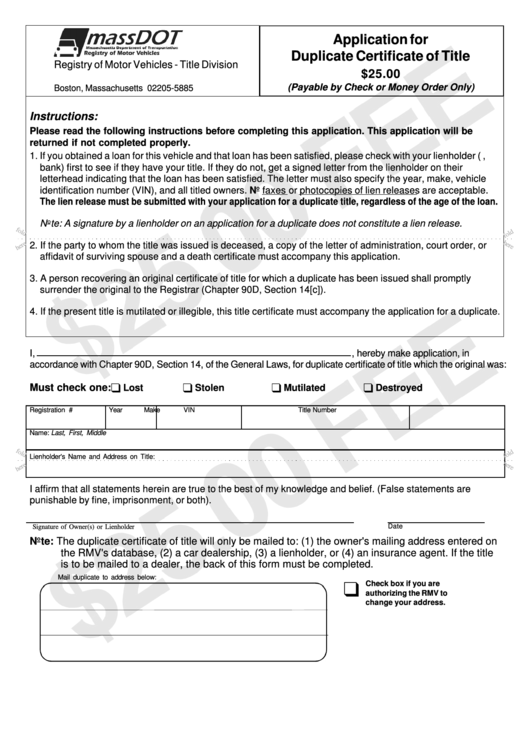 Fillable Application For Duplicate Certificate Of Title Mass Rmv 