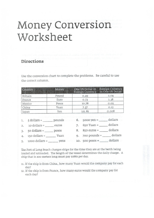 Money Conversion Worksheet Printable Pdf Download
