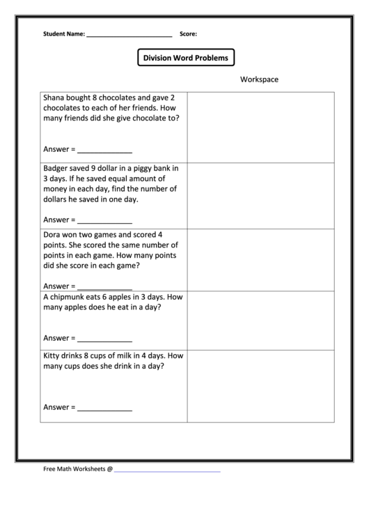 Division Word Problems printable pdf download