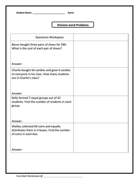 Division Word Problem printable pdf download
