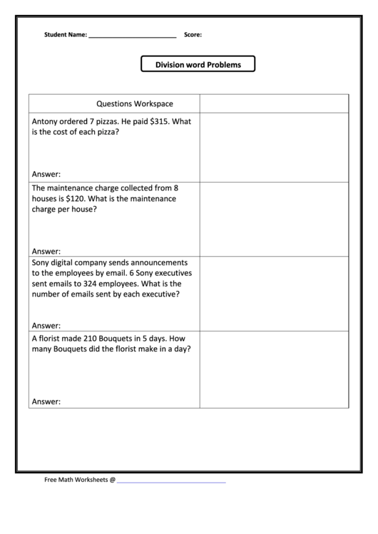 Division Word Problems printable pdf download