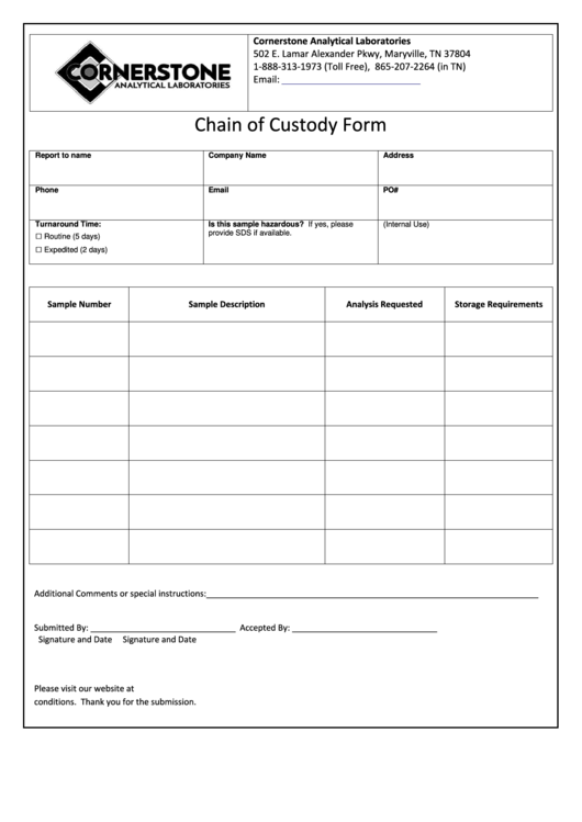 Chain Of Custody Form Cornerstone Analytical Laboratories Printable 