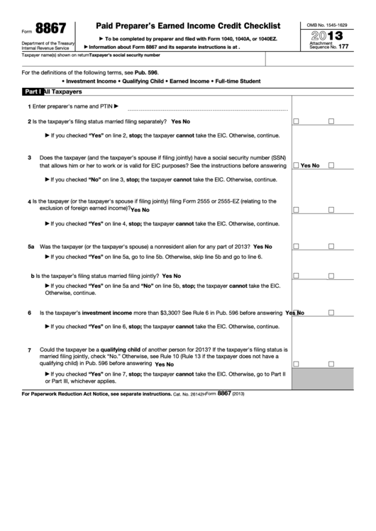 Fillable Form 8867 Paid Preparer S Earned Income Credit Checklist Fillable Form 8867 Paid Preparer S Earned Income Credit Checklist