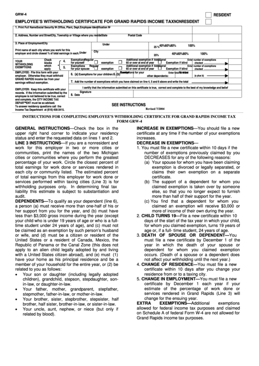 Form Grw-4 - Employee'S Withholding Certificate For Grand Rapids Income ...