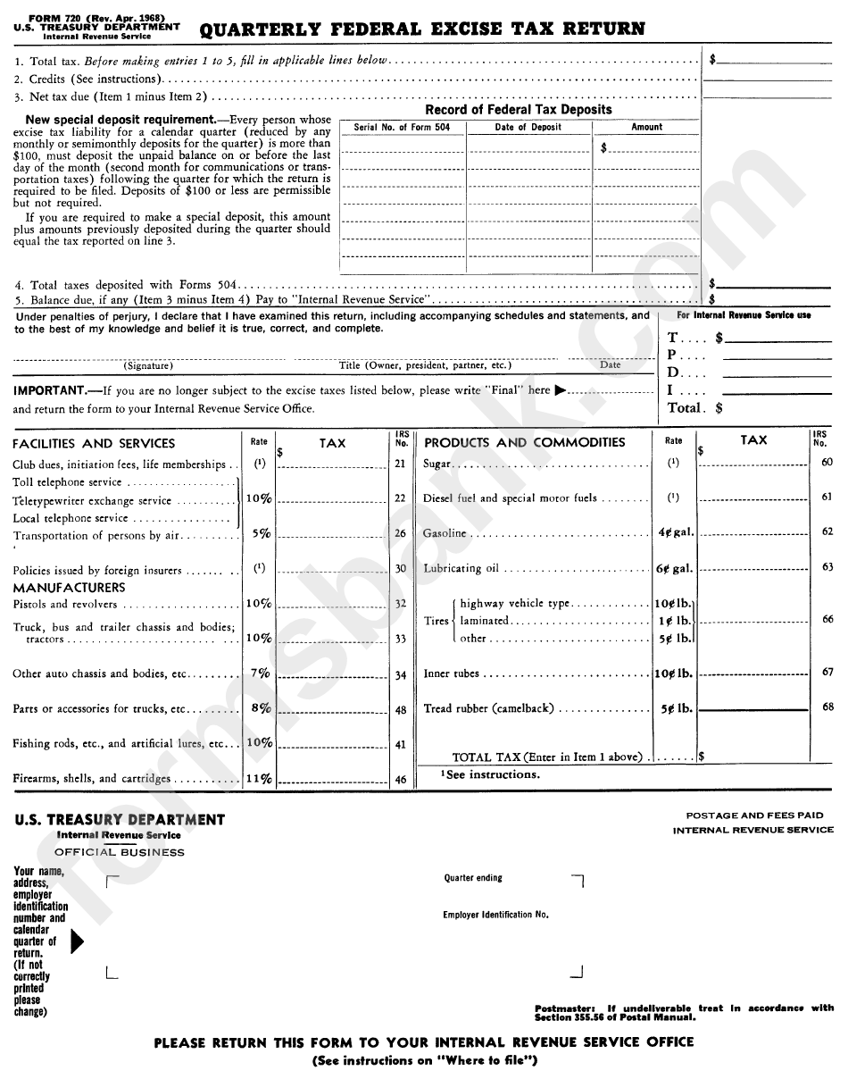 Form 720 Rev 04 1968 Printable Pdf Download