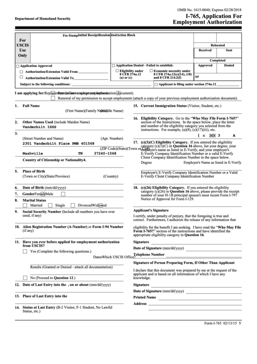 Fillable Uscis Form I 765 Application For Employment Authorization